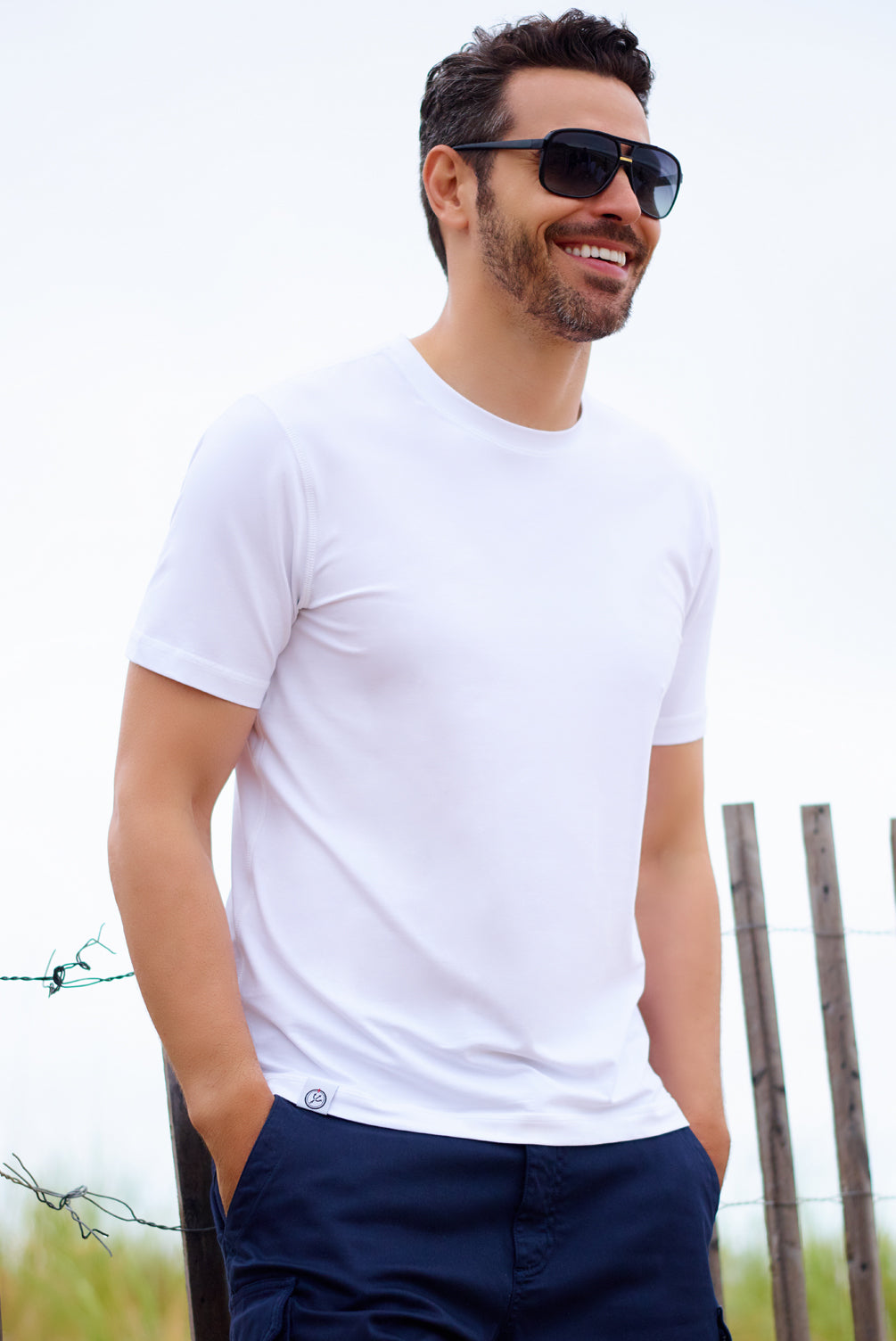Mens White Cotton Beachwear Crew Neck - by SCARCI Italian Wear